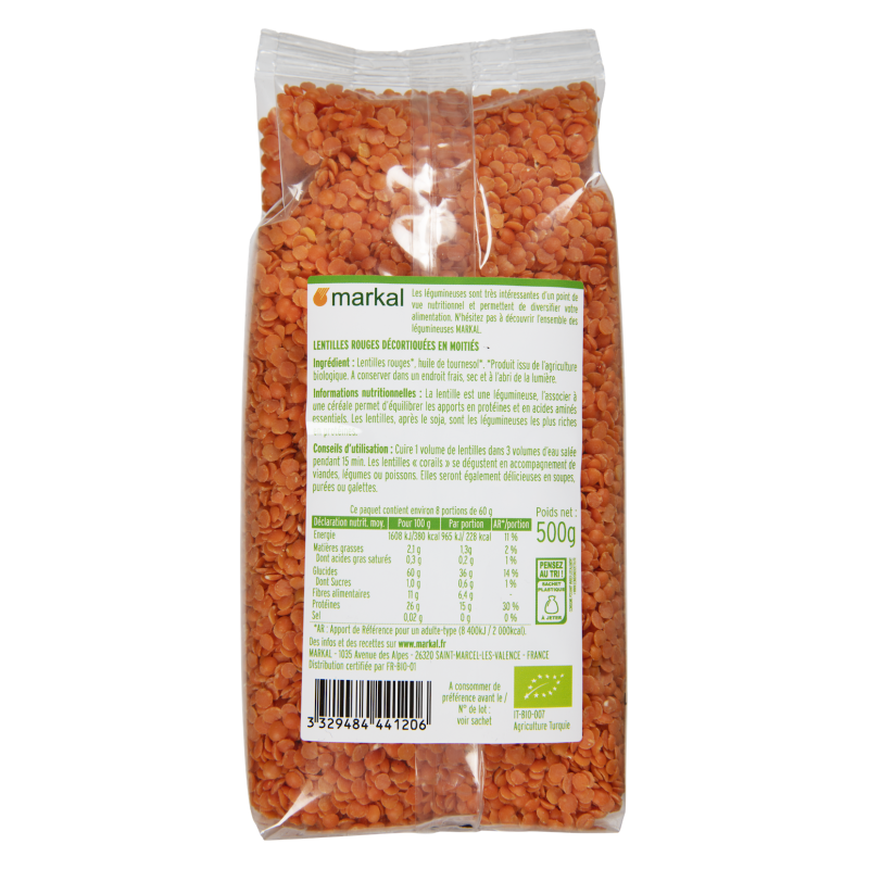 Lentilles Rouges Corail Bio, (6x500g), Vrac BIO, Markal
