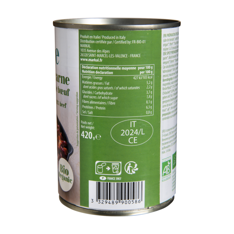 Chili con carne BIO, 1 conserve de 420g, vrac BIO, Markal, Luce