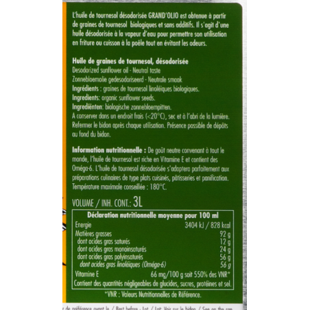 Biosudis - Huile de tournesol désodorisée BIO, 3L, vrac BIO.